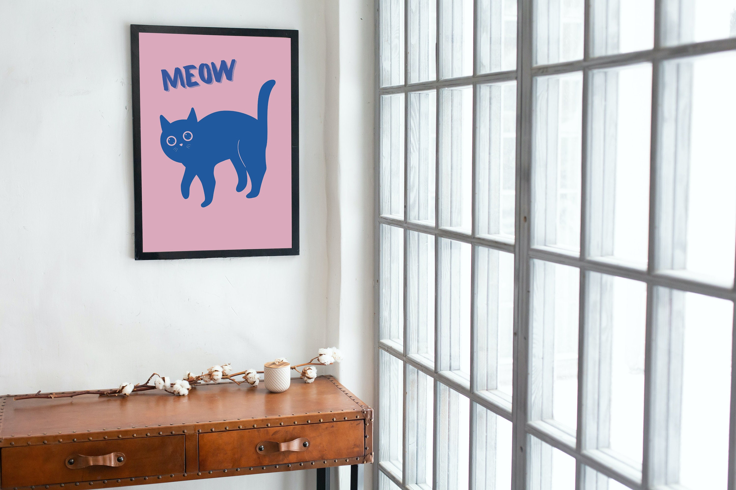 Y2K Blue Cat 'meow' in Pink Background Animal Trendy Art Print for Cat ...