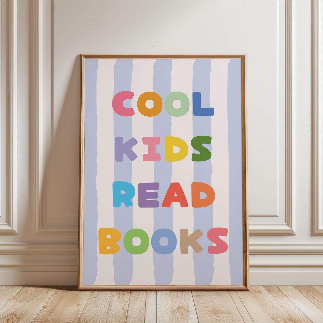 Cool Kids Read Books Wall Art, Funny Colourful Blue Stripe Line ...