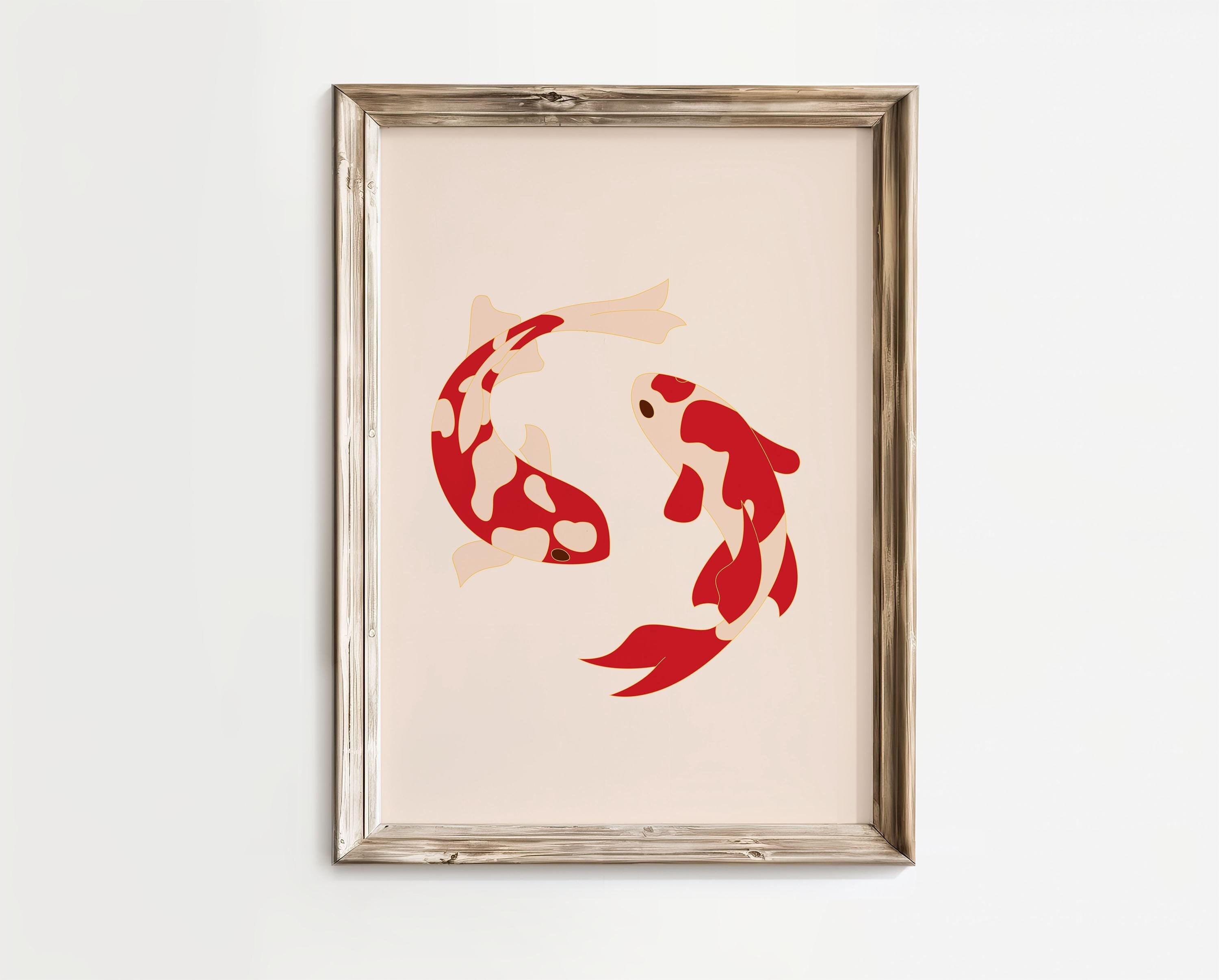 Red Beige Koi Fish Print Love Digital Printjapanese Aesthetic Trending ...