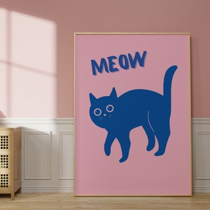 Y2K Blue Cat 'meow' in Pink Background Animal Trendy Art Print for Cat ...