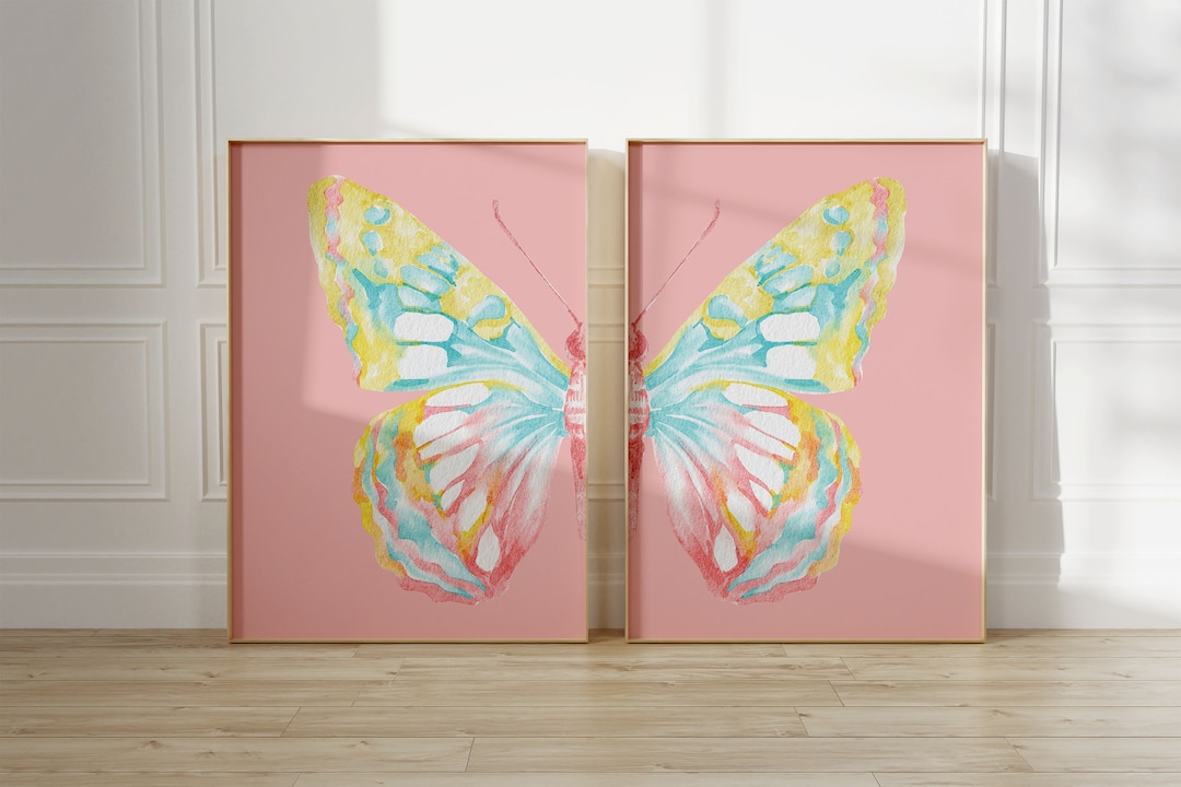 Set of 2 Y2K Split Half Butterfly in Pastel Pink Yellow Blue Wall Art ...