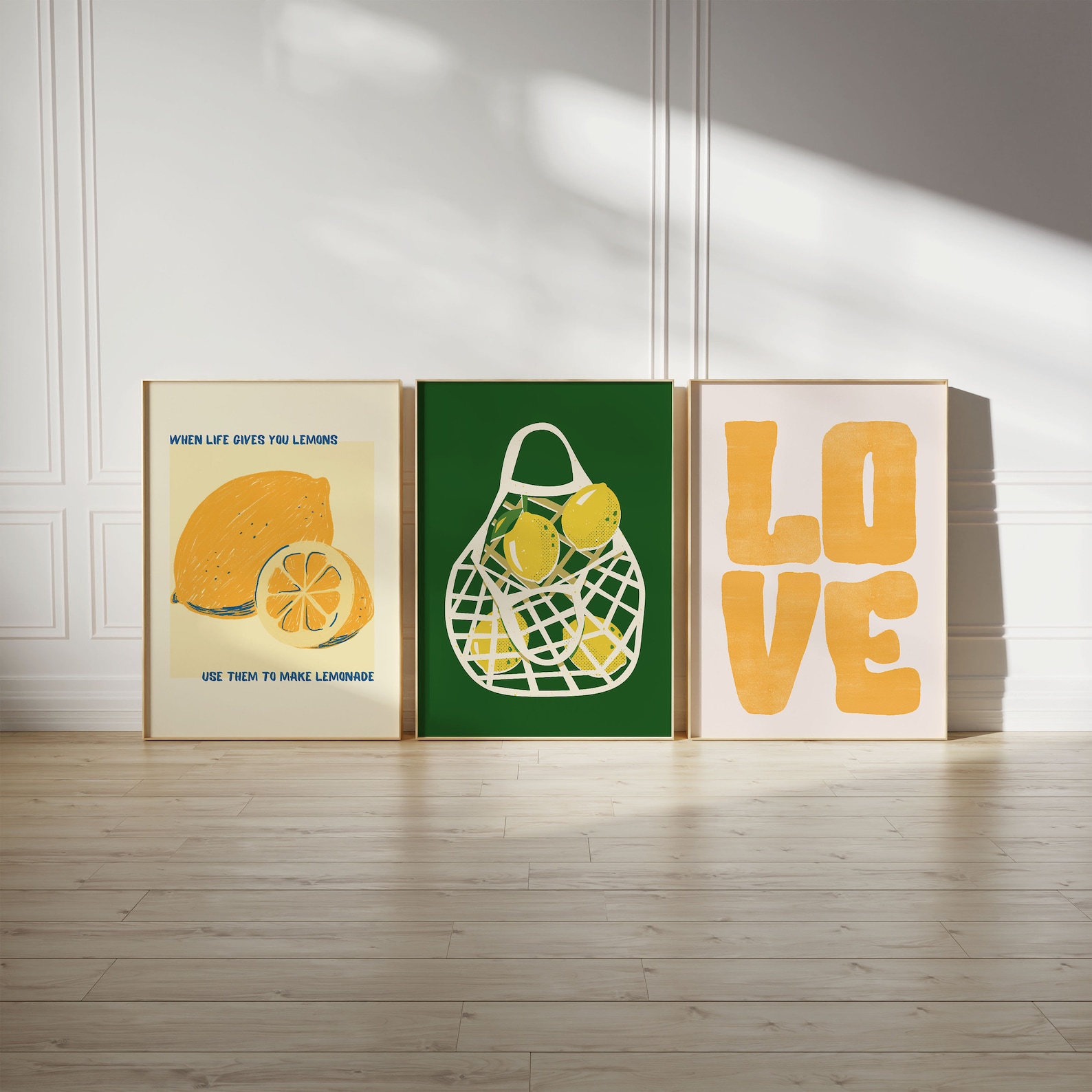 Set of 3 Maximalist Retro Yellow and Gree Lemon Fruit Typography Living ...