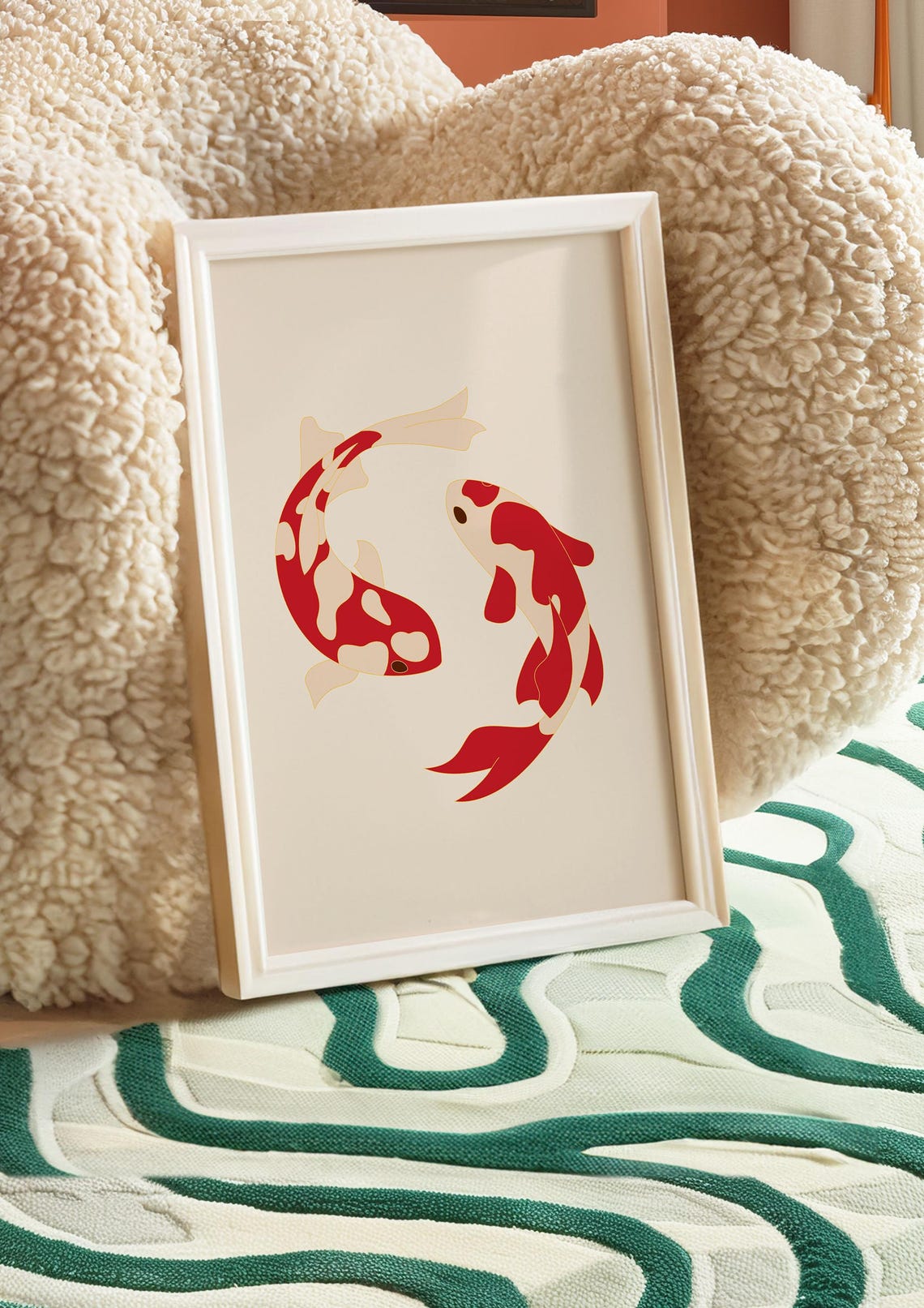 Red Beige Koi Fish Print Love Digital Printjapanese Aesthetic Trending ...
