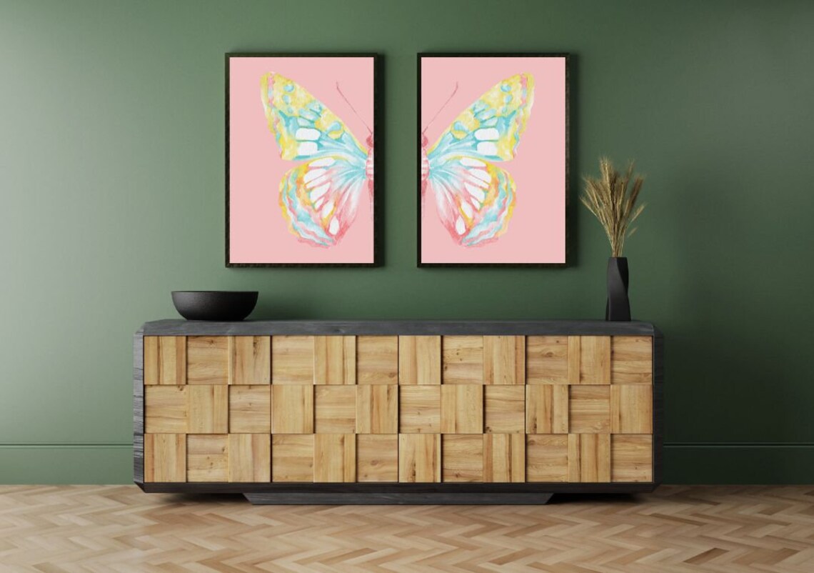 Set of 2 Y2K Split Half Butterfly in Pastel Pink Yellow Blue Wall Art ...