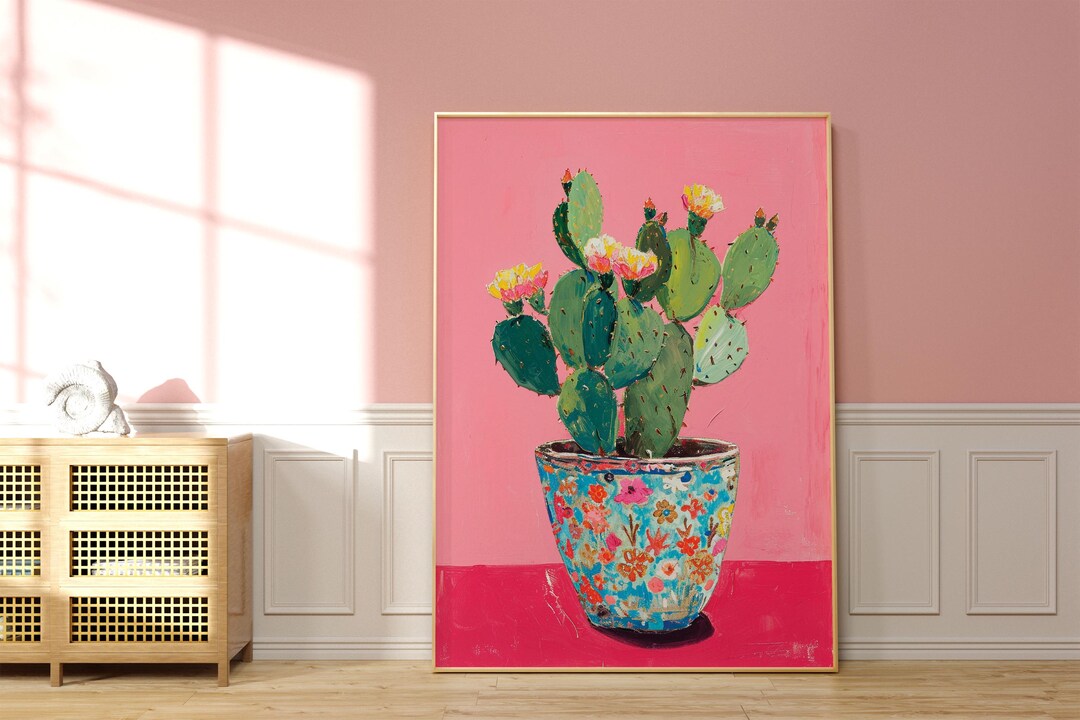 Physical Poster - Colorful Vibrant Green Cactus Poster - Abstract Pink ...