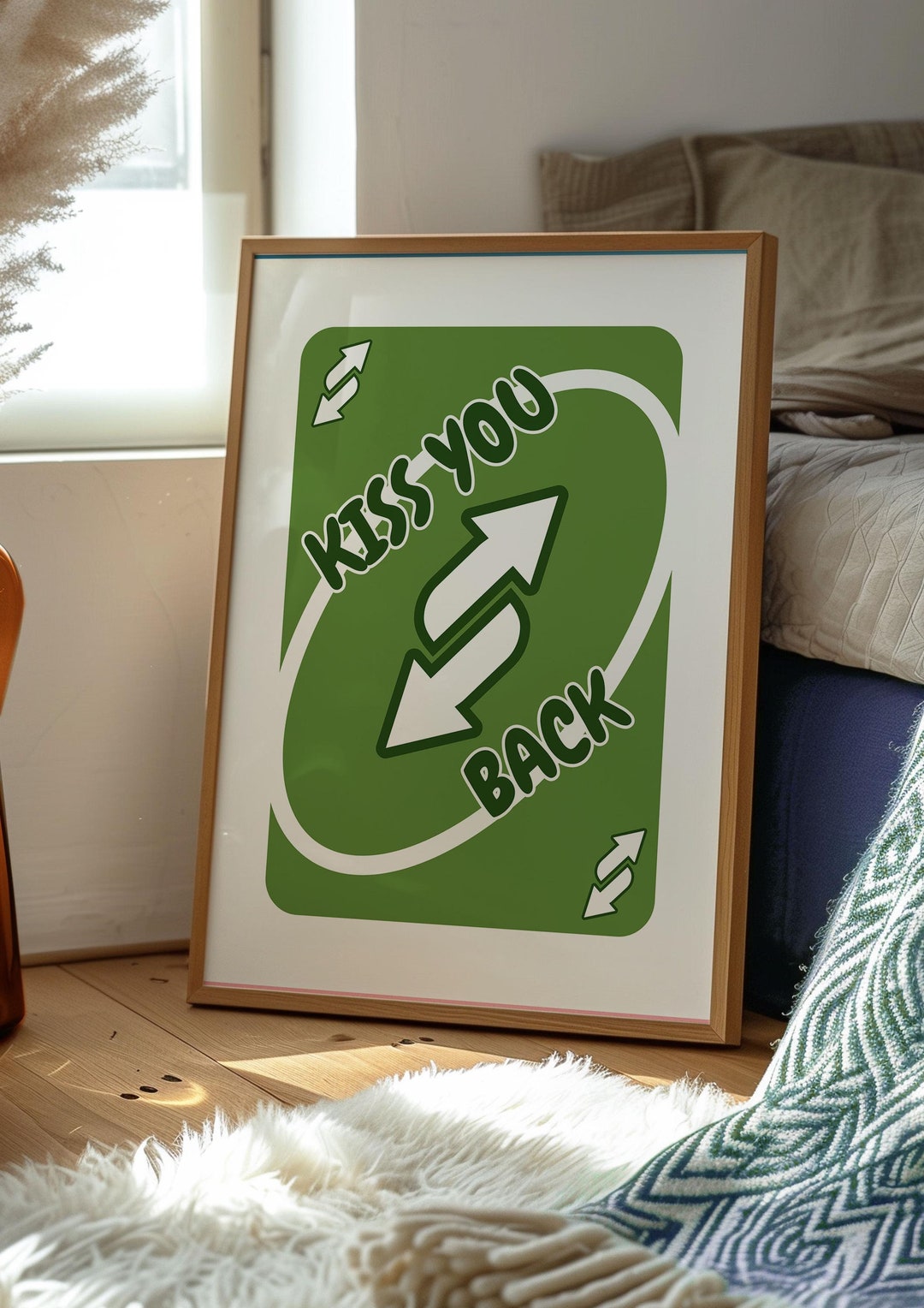 Uno Playing Card Poster Kiss You Back Vibrant Retro Art Green Preppy ...