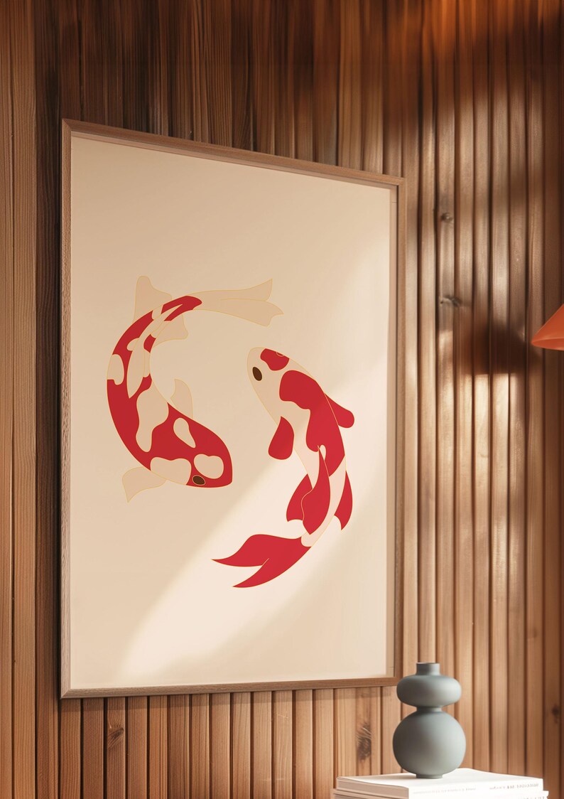 Red Beige Koi Fish Print Love Digital Printjapanese Aesthetic Trending ...