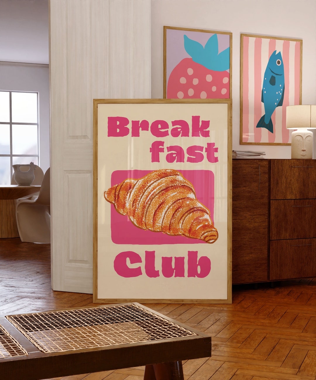 Croissant Breakfast Club Food Bread Kitchen Poster in Pink Colorful ...