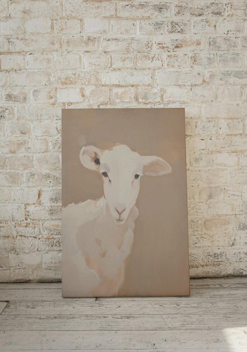 Mid-century Vintage Sheep Lamb Portrait Beige Animal Wabi Sabi Living ...