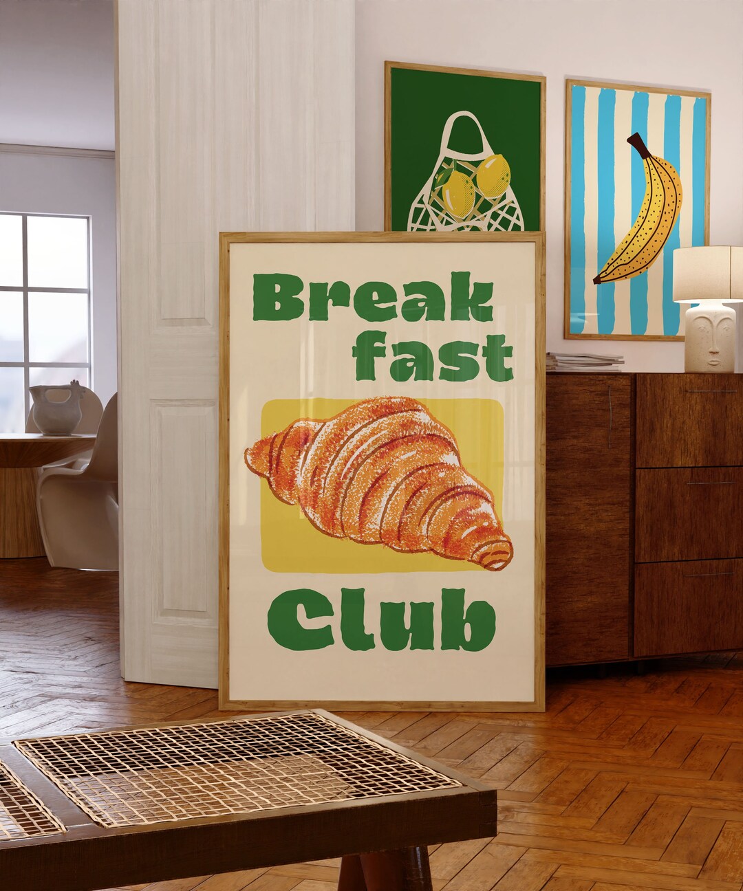 Colorful Retro Croissant Breakfast Club Food Bread Kitchen Poster in ...