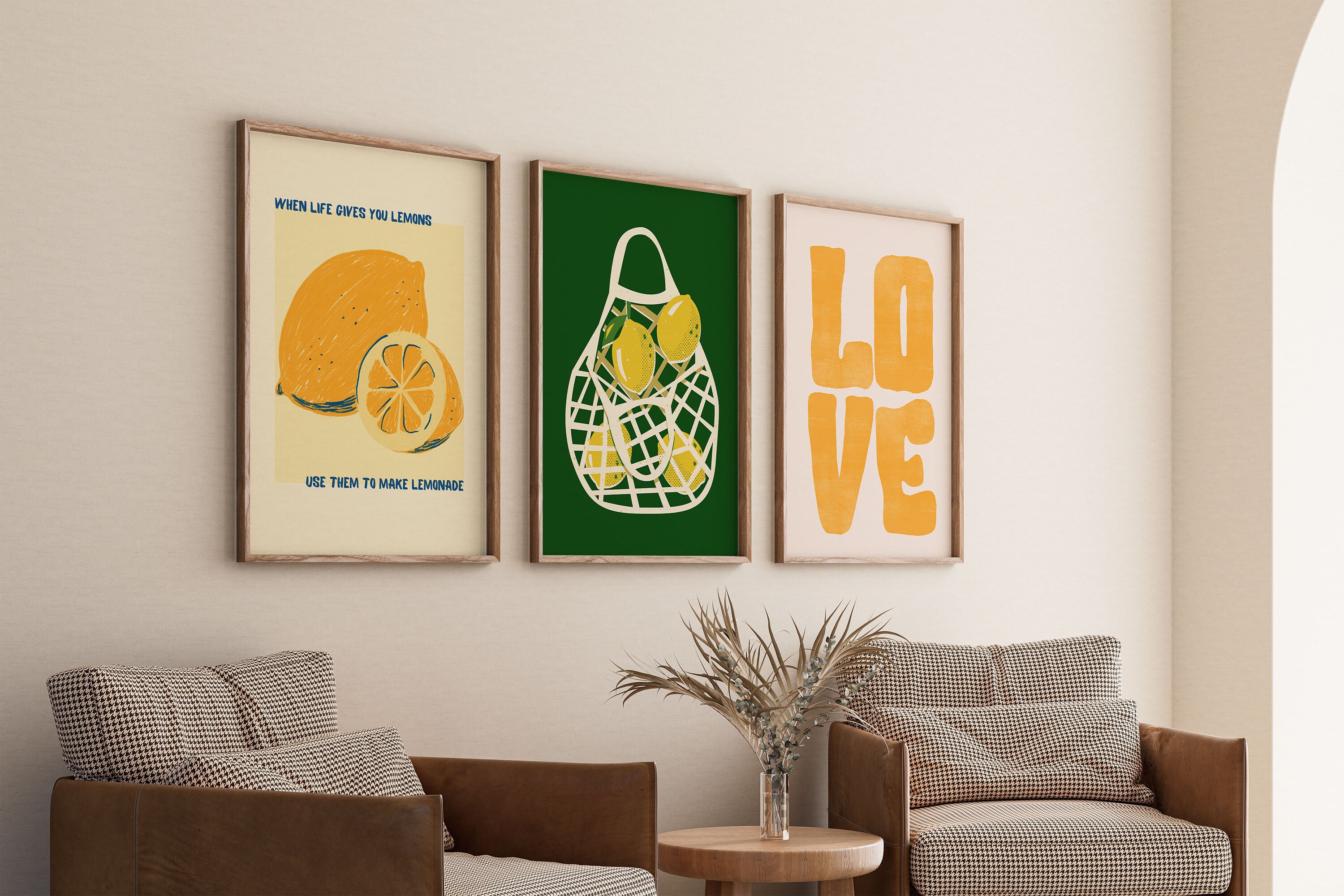 Set of 3 Maximalist Retro Yellow and Gree Lemon Fruit Typography Living ...