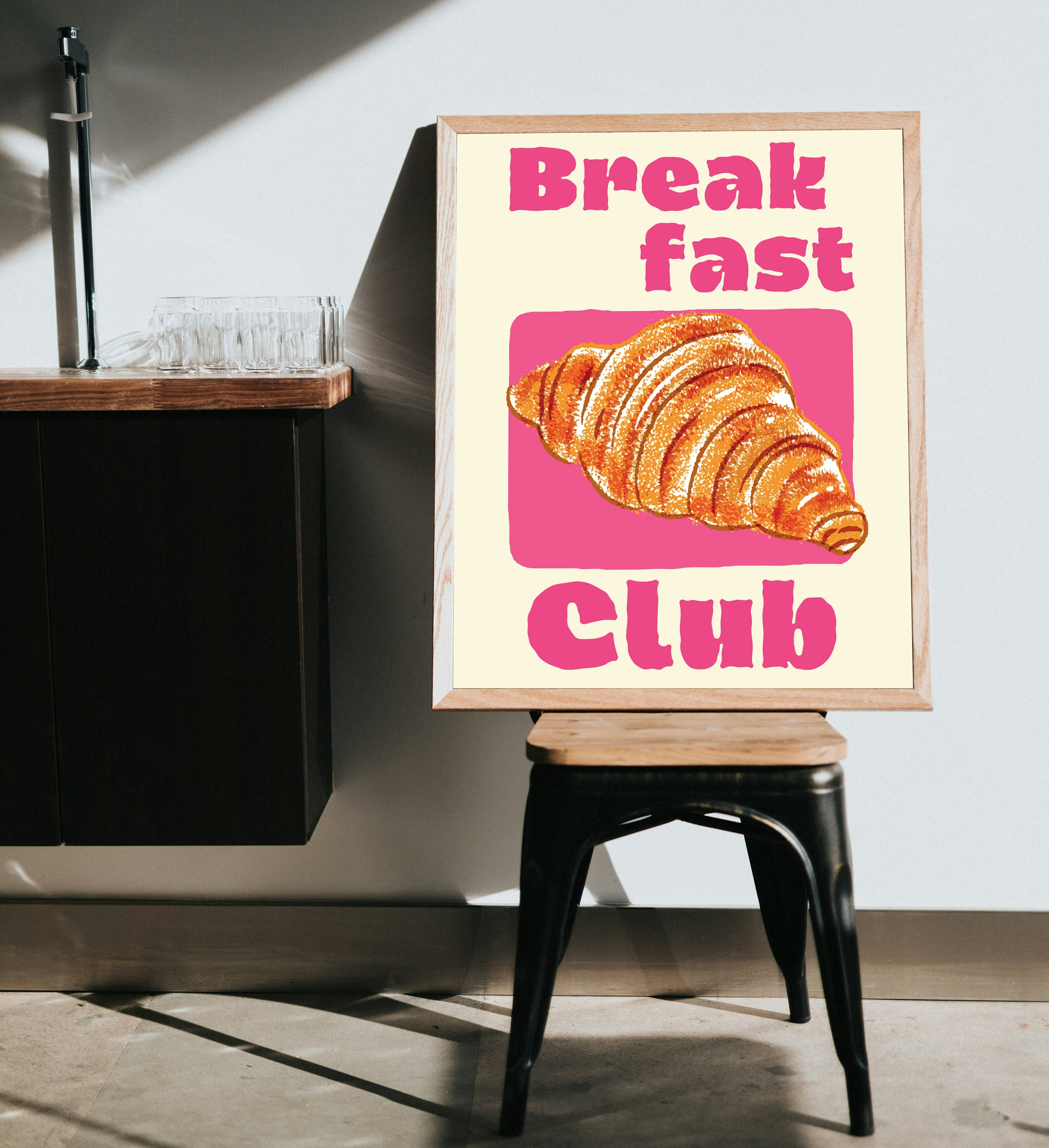 Colorful Retro Croissant Breakfast Club Food Bread Kitchen Poster in ...