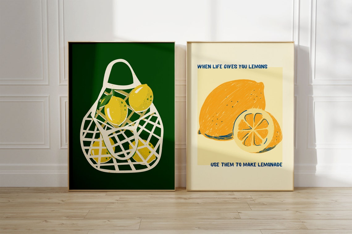 Set of 3 Maximalist Retro Yellow and Gree Lemon Fruit Typography Living ...