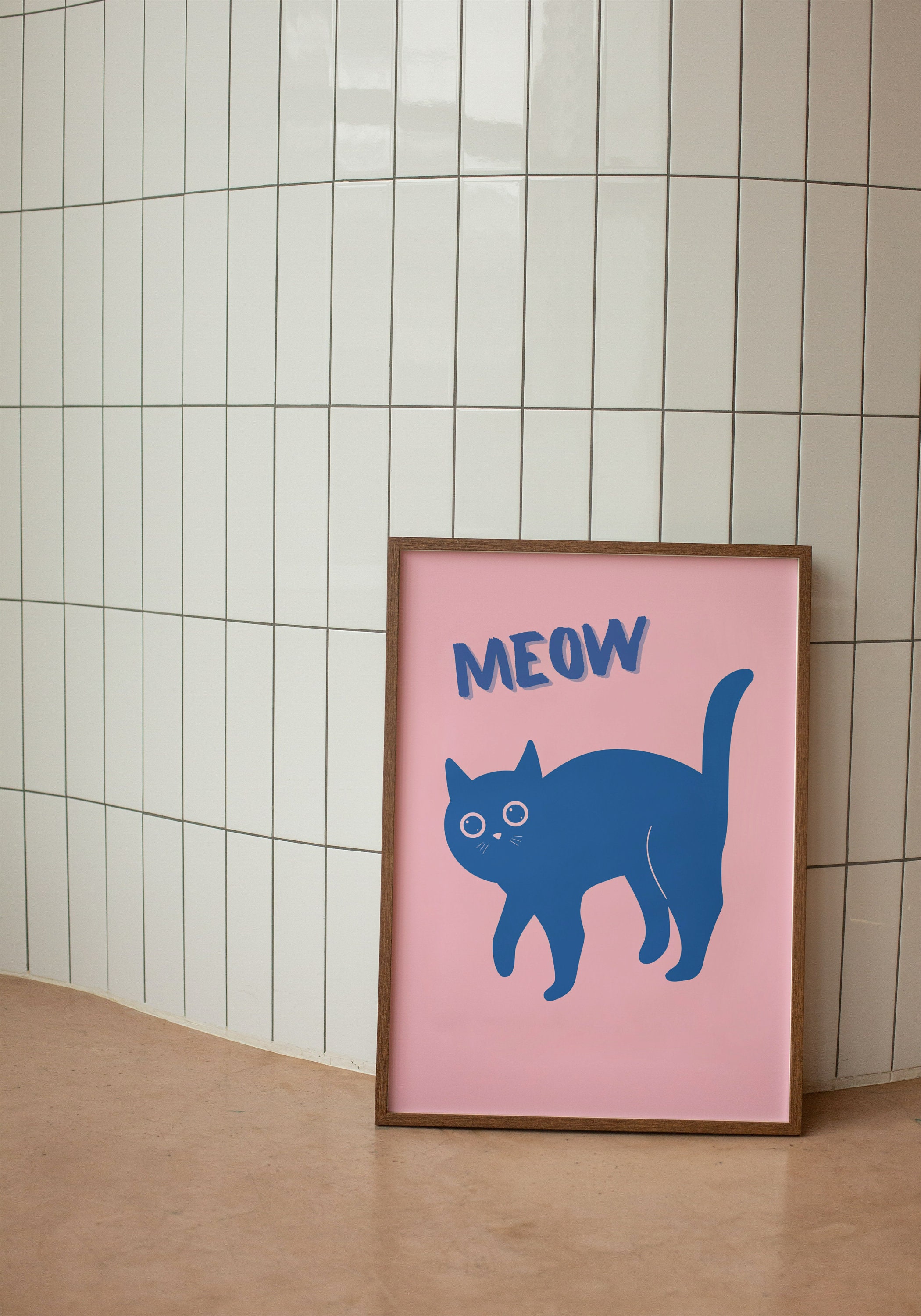 Y2K Blue Cat 'meow' in Pink Background Animal Trendy Art Print for Cat ...