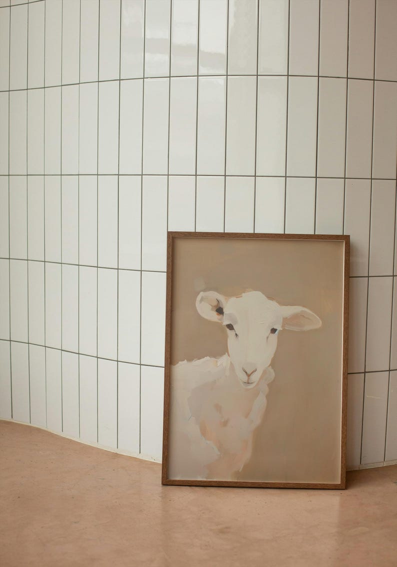 Mid-century Vintage Sheep Lamb Portrait Beige Animal Wabi Sabi Living ...