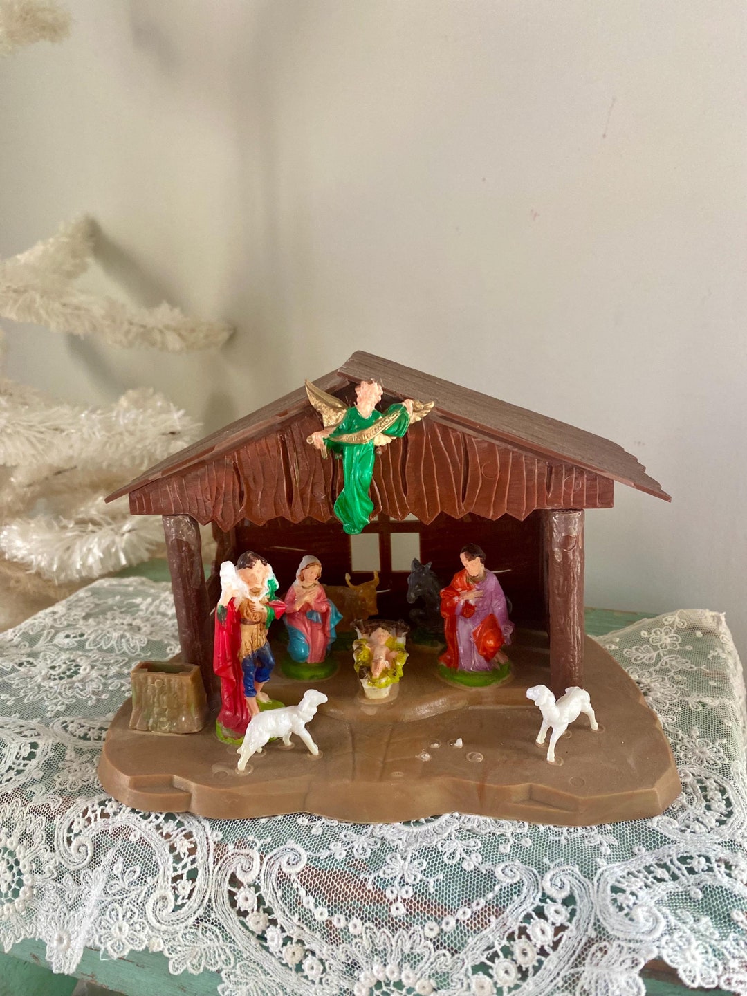 Vintage LARGE 7 Plastic Nativity Creche Hong Kong MCM Miniature Manger ...