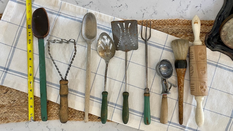 Choice of Vintage Wooden Handle Kitchen Utensils | Green Handle ...