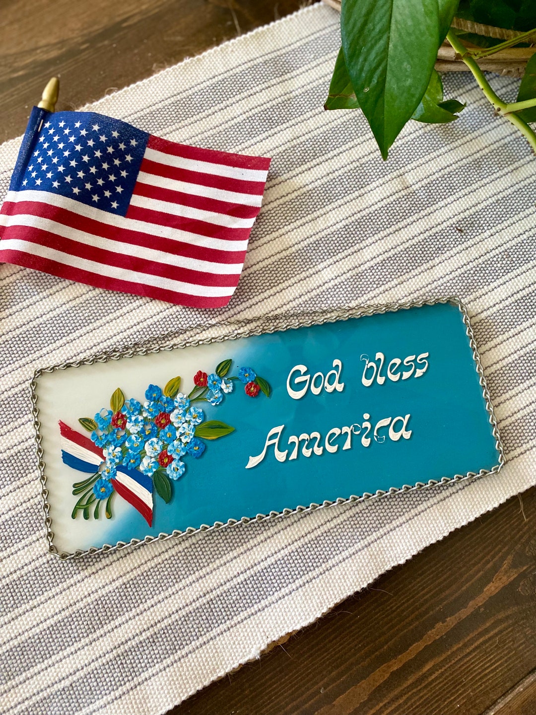 Beautiful Vintage Hand-painted Glass GOD BLESS AMERICA Hanging Sign ...