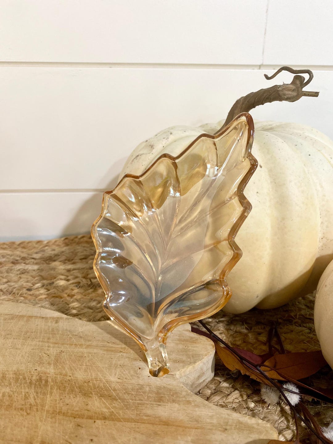 Vintage CARNIVAL GLASS Leaf Shaped Orange Iridescent Small Plate ...