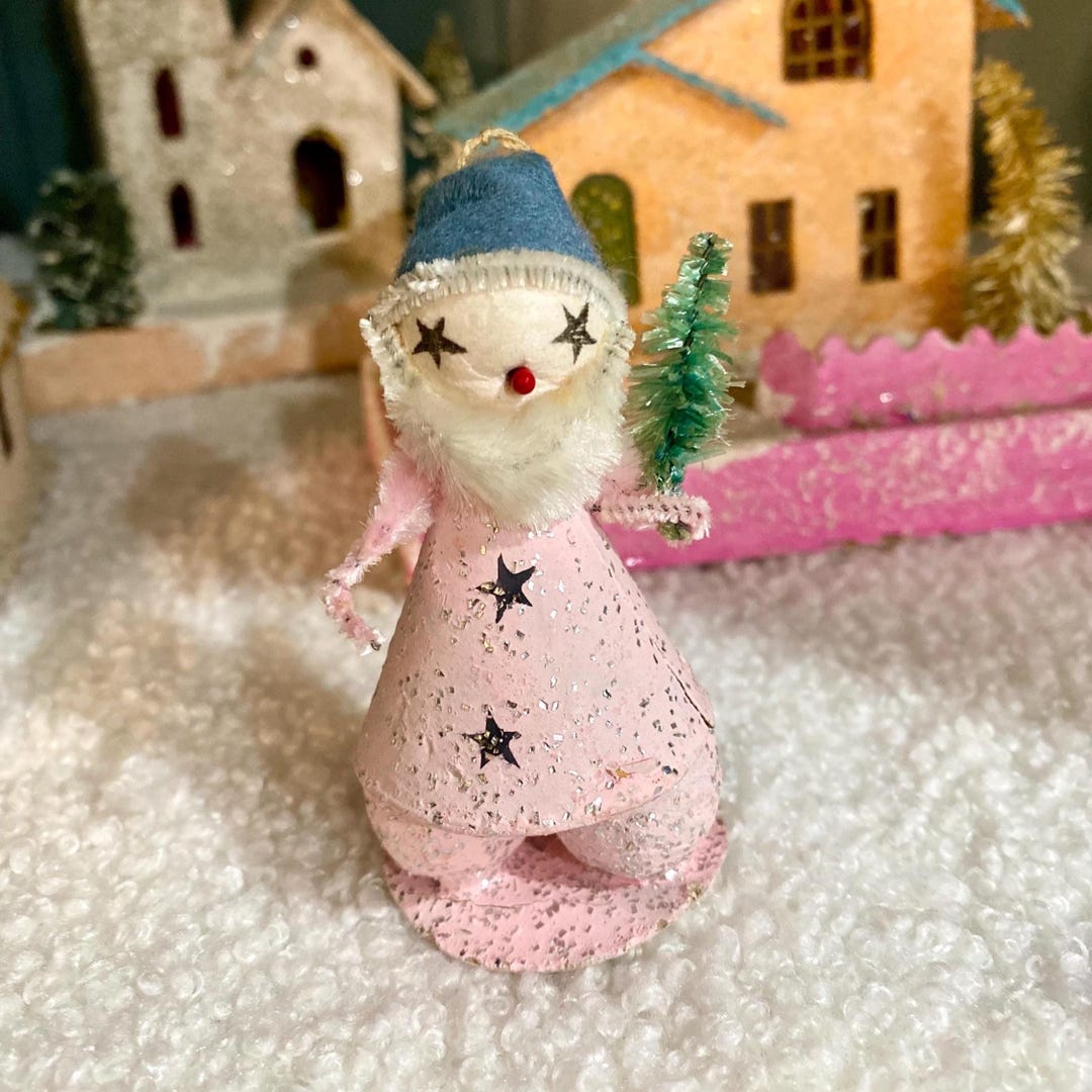 Adorable Vintage MCM JAPAN Christmas Putz Cardboard Spun Cotton Pink ...