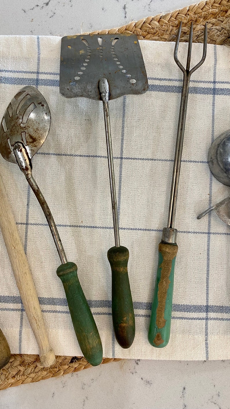Choice of Vintage Wooden Handle Kitchen Utensils | Green Handle ...