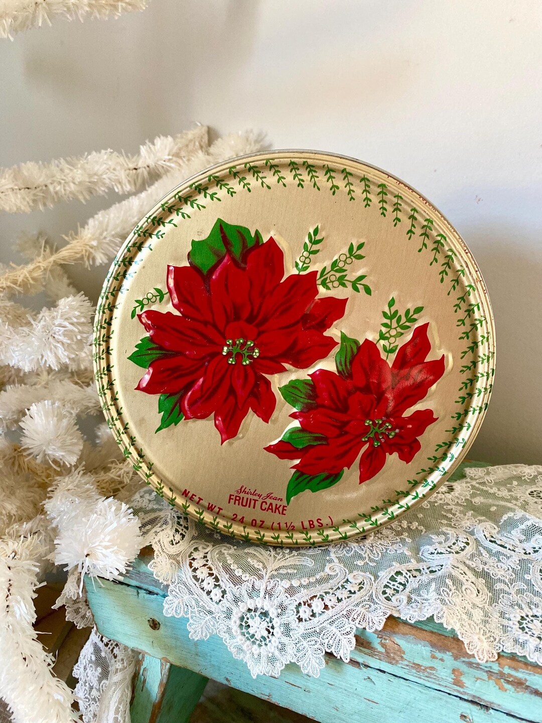 Vintage SHIRLEY JEAN Empty Fruit Cake Tin With Embossed Poinsettias ...