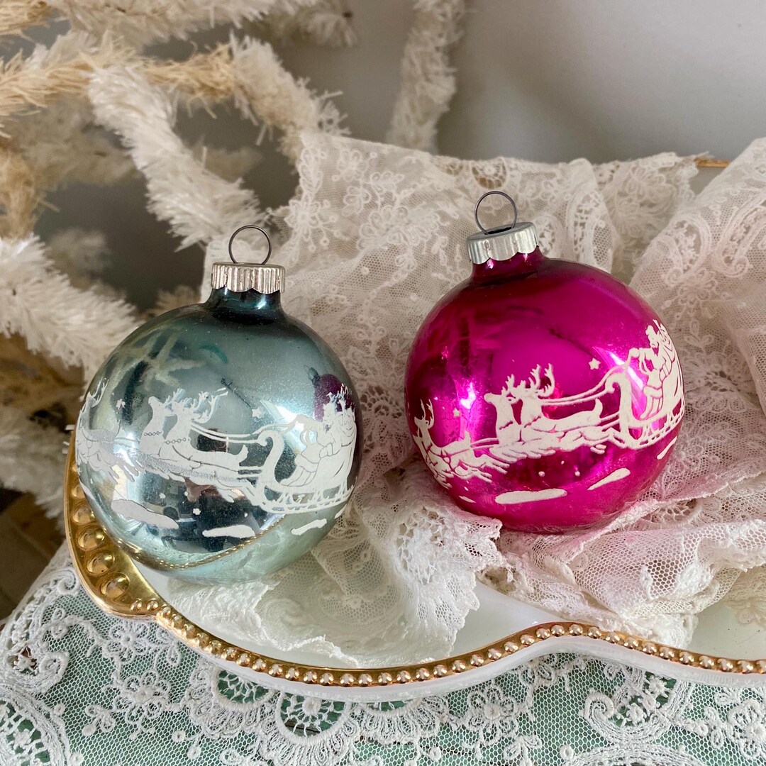 CHOICE of 1 Vintage SHINY BRITE Pink or Blue 2.5" Santa in Sleigh With ...