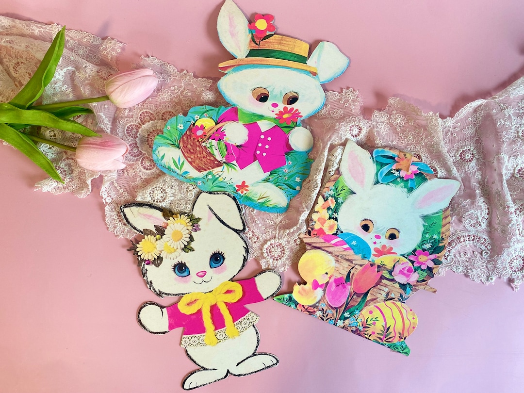 LOT of 3 Vintage EUREKA U.S.A. 7" Die Cut Easter Bunny Rabbits | Neon Colors | Vintage Easter ...