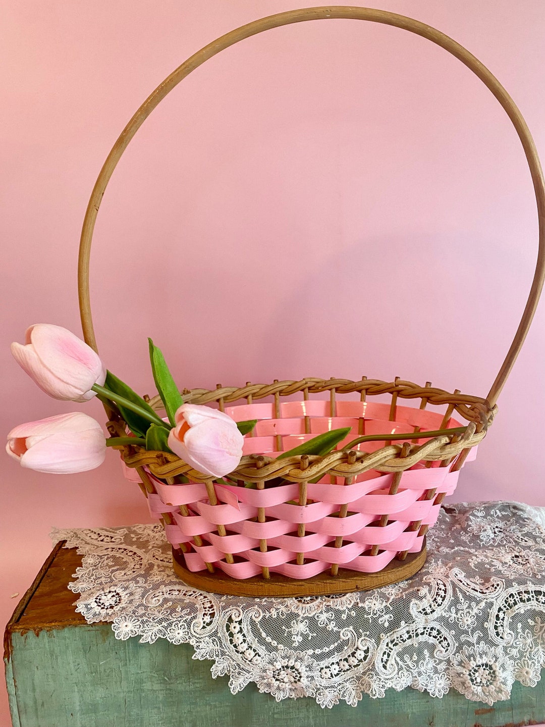 Vintage Late 1960's/early 1970's Neon Pink Plastic and Wicker Easter ...
