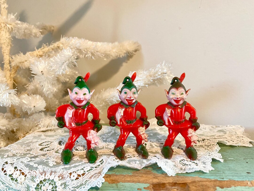 CHOICE of 1 Vintage Rosbro MCM Hard Plastic Red Elf Figure Tree ...