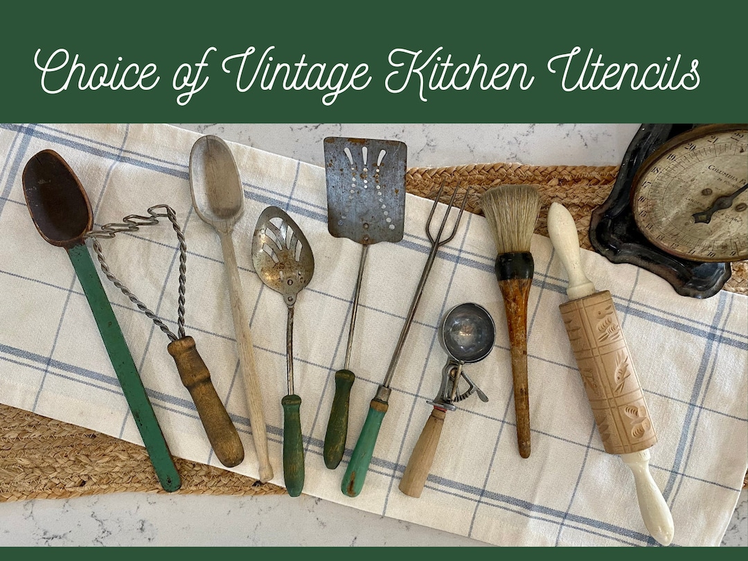 Choice of Vintage Wooden Handle Kitchen Utensils | Green Handle ...