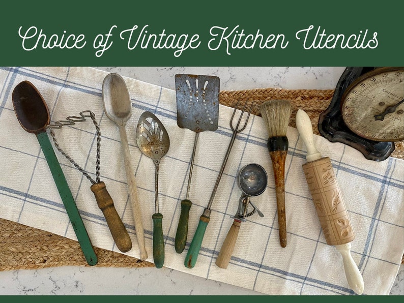 Choice of Vintage Wooden Handle Kitchen Utensils | Green Handle ...
