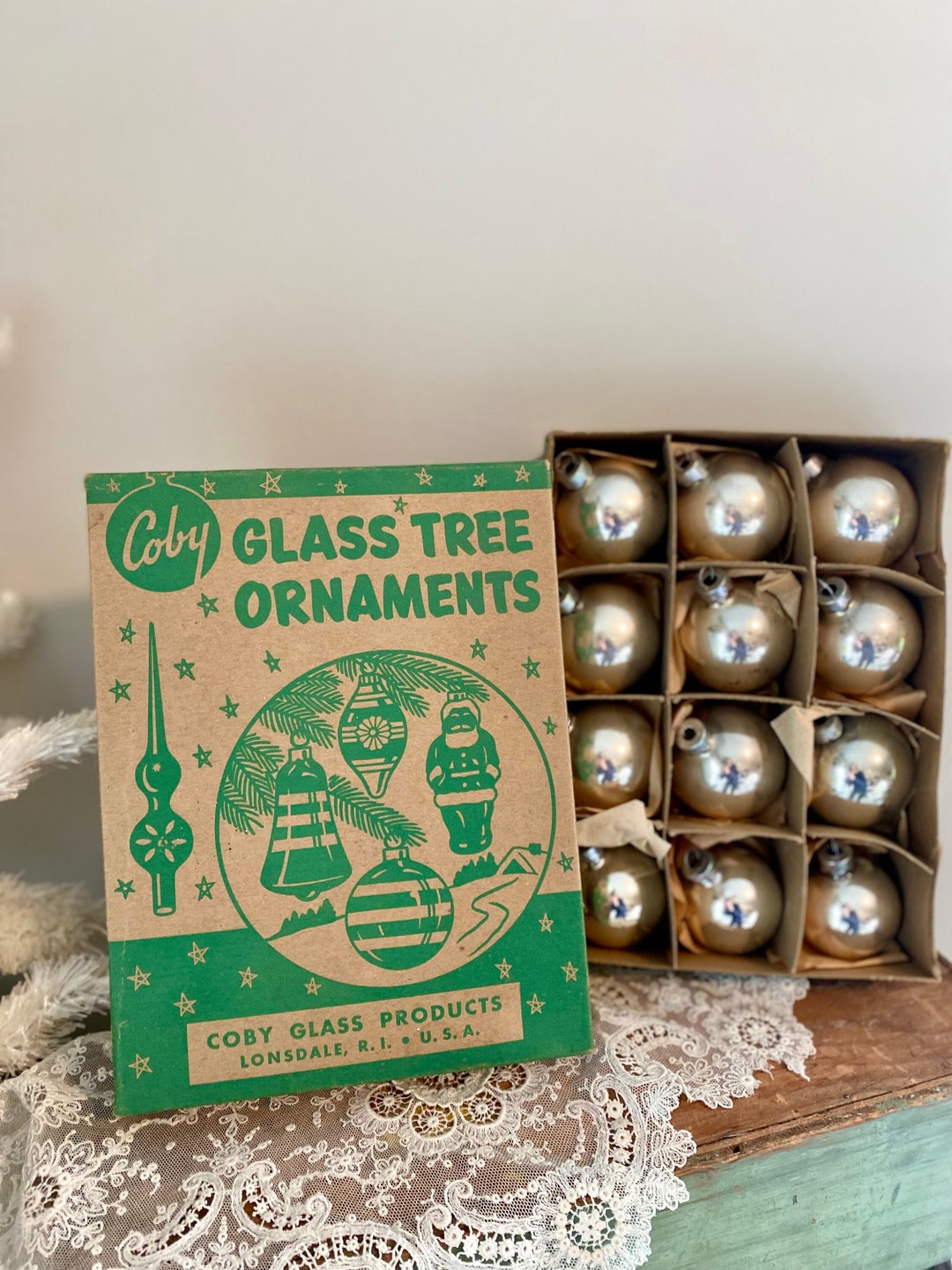 HTF BOX of Vintage COBY Glass Tree Ornaments Filled With 12 Silver ...
