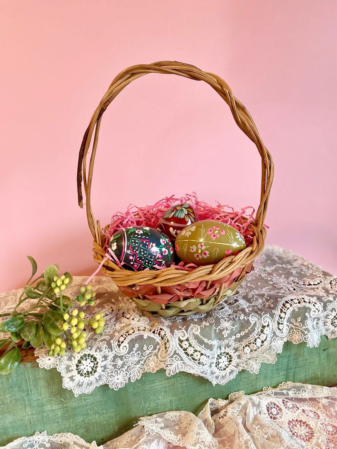 Vintage Small Round Brown/pink/green Woven Easter Basket | MCM ...