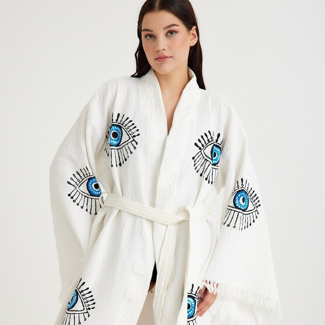 Evil Eye Turkish Cotton Muslin Kimono Robe: Boho Kaftan - Etsy