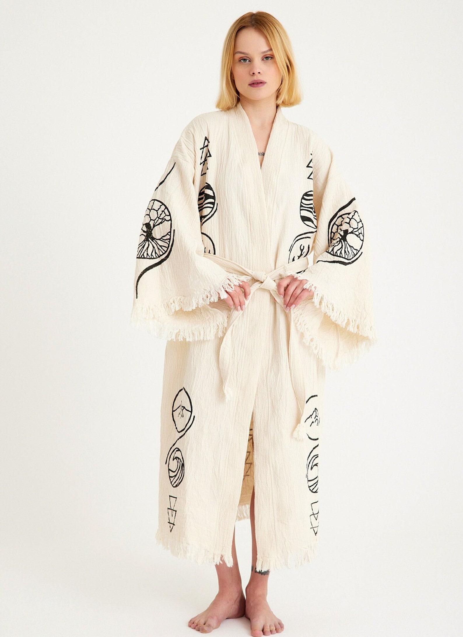 100% Turkish Cotton Muslin Kimono Robe, Soft Dressing Gown, Ethnic ...