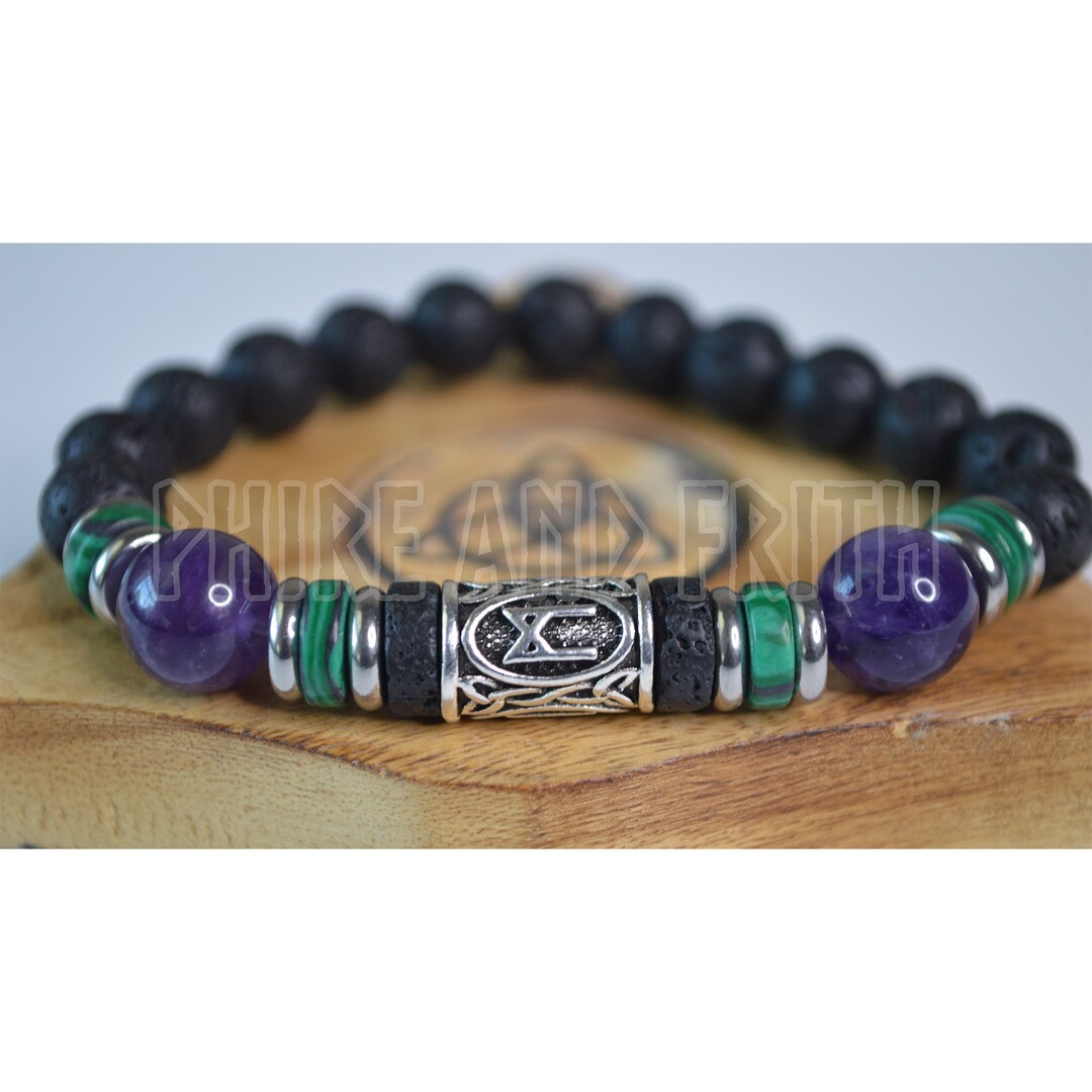 Amethyst Norse Rune Bracelet, Personalized, Amethyst + Malachite + Lava ...