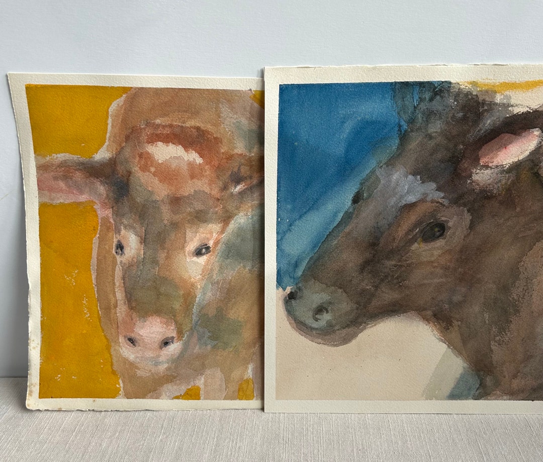 Vintage Pair of Watercolor Paintings of Cows - Etsy