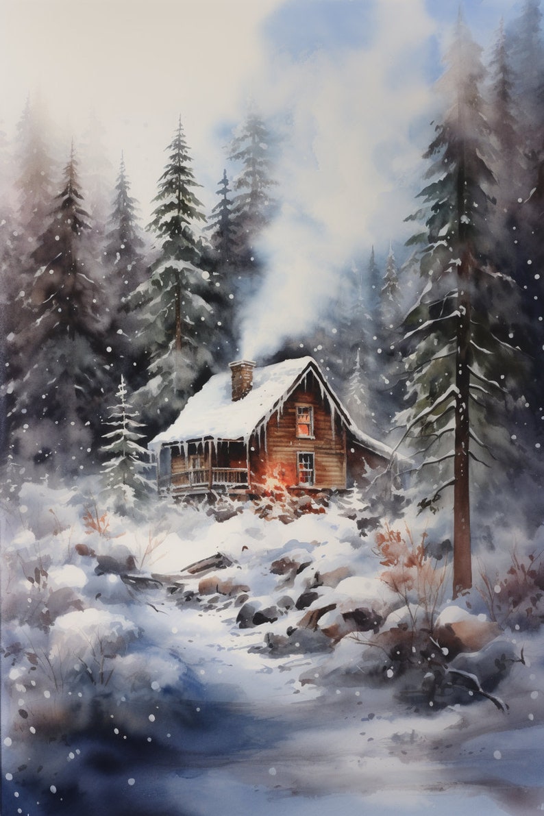 Snow Covered Log Cabin Print in Watercolor Winter Forest at - Etsy Canada