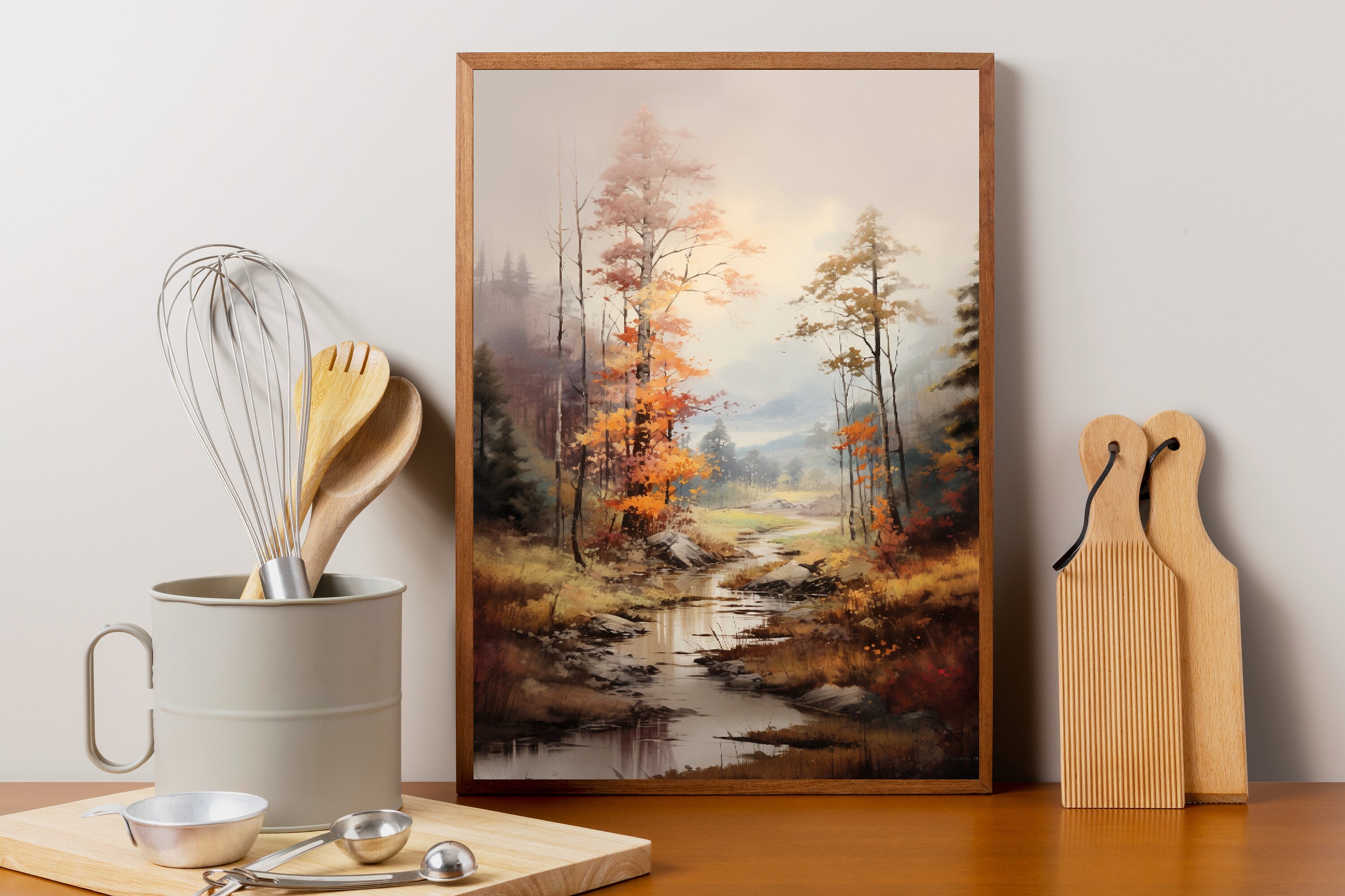 Fall Landscape With Stream Painting Vintage Print Autumn - Etsy