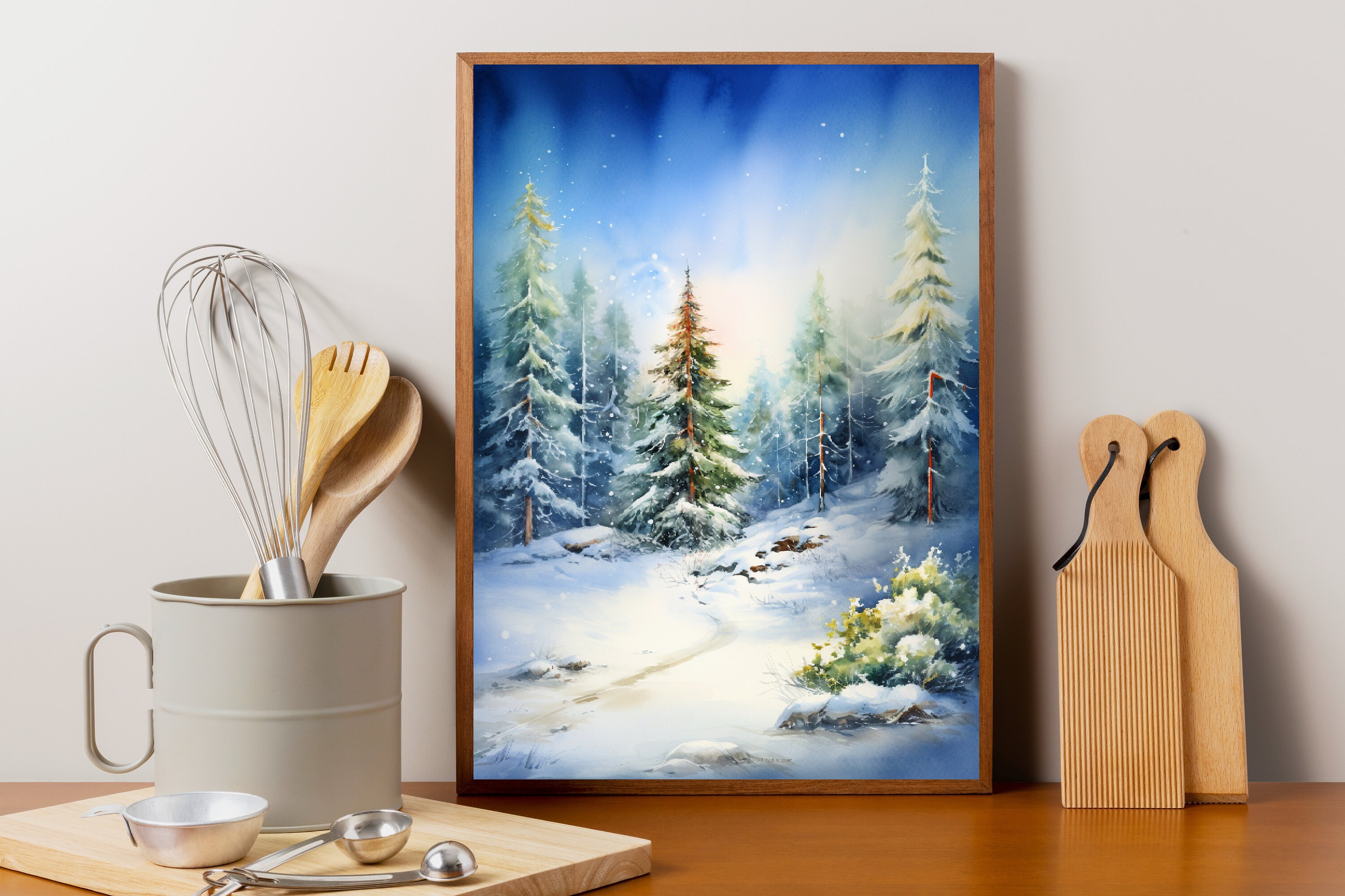 Snow Covered Pine Tree in Forest Watercolor Painting, Northern Light ...