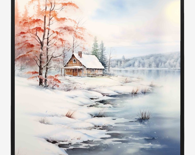 Snow Covered Log Cabin Print in Watercolor, Winter Forest at Night ...