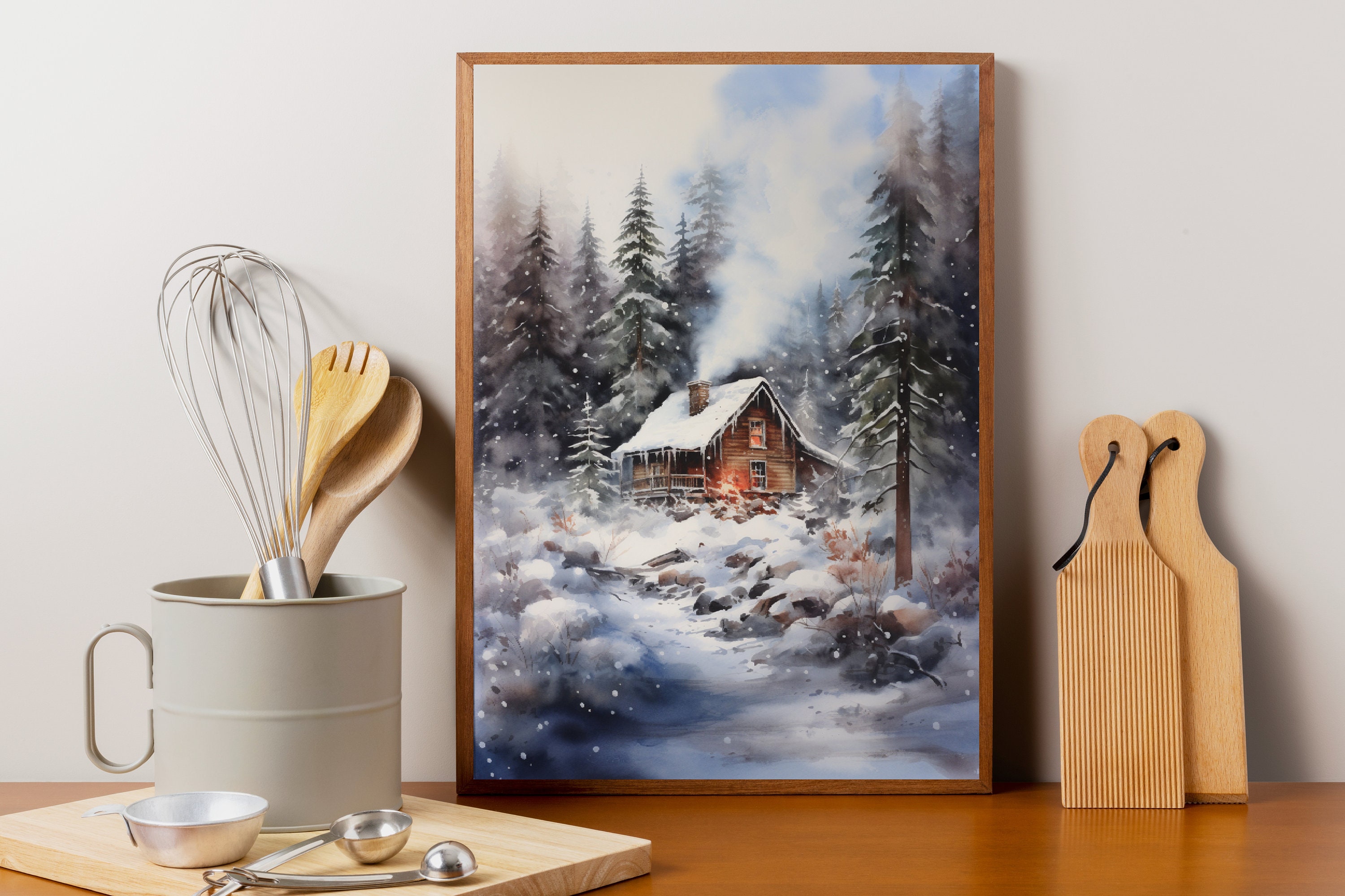 Snow Covered Log Cabin Print in Watercolor Winter Forest at - Etsy Canada