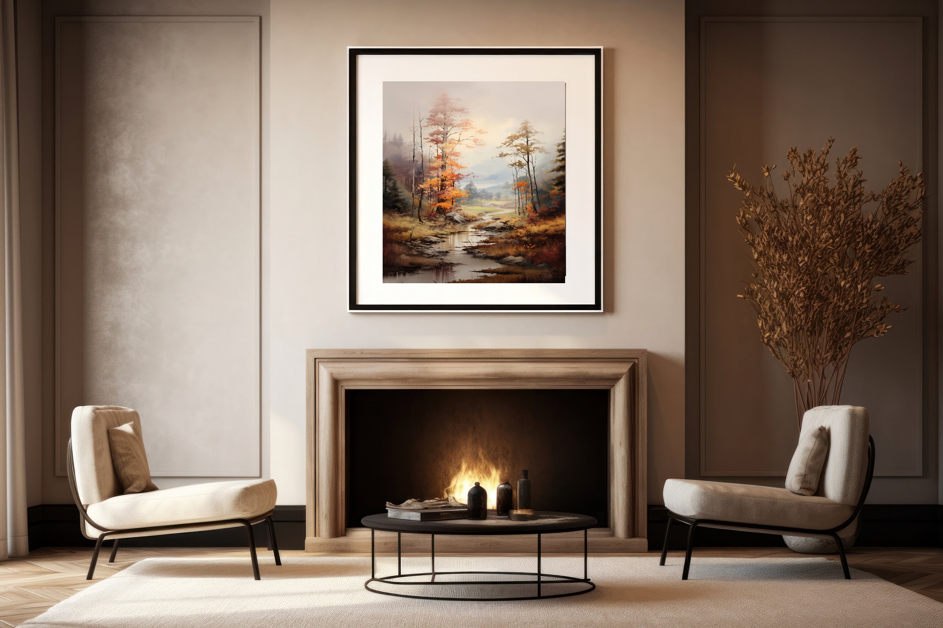Fall Landscape With Stream Painting Vintage Print Autumn - Etsy