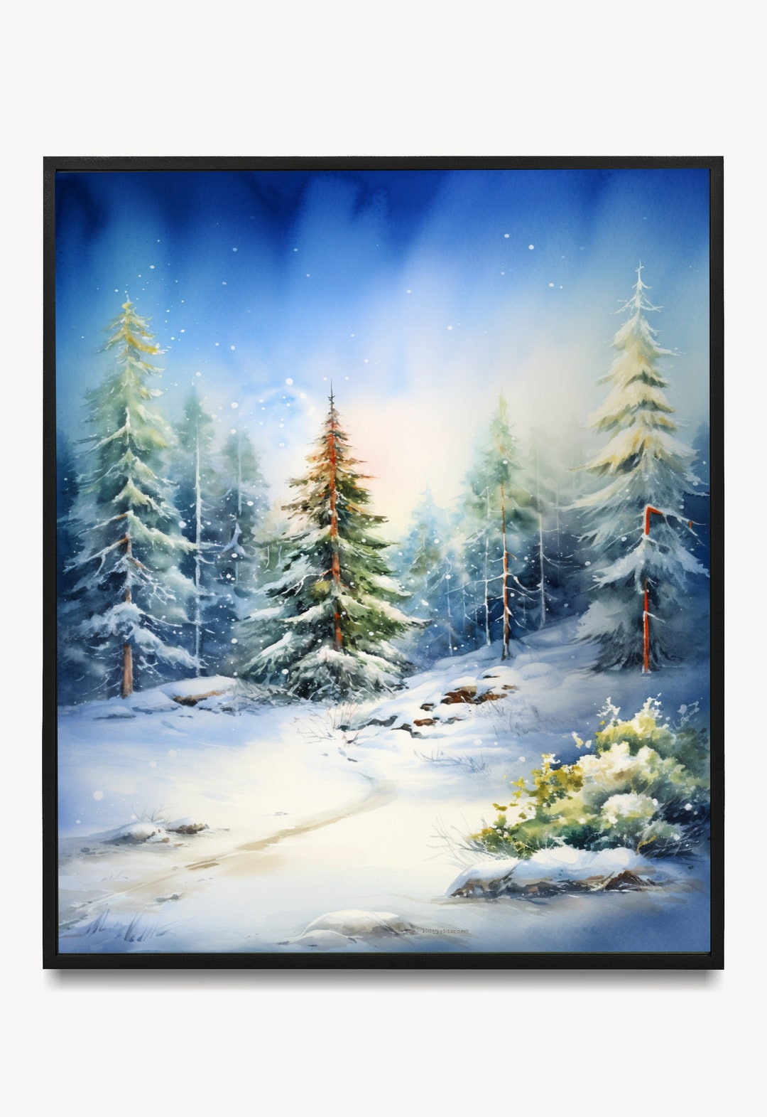 Snow Covered Pine Tree in Forest Watercolor Painting, Northern Light ...