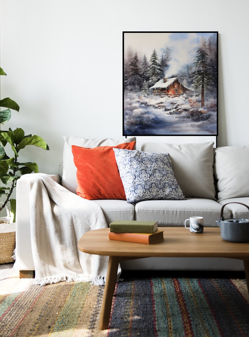 Snow Covered Log Cabin Print in Watercolor, Winter Forest at Night ...