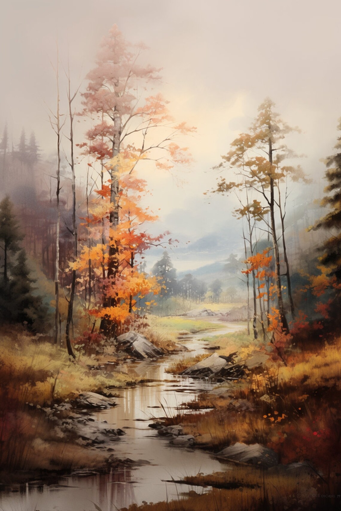 Fall Landscape With Stream Painting Vintage Print Autumn - Etsy