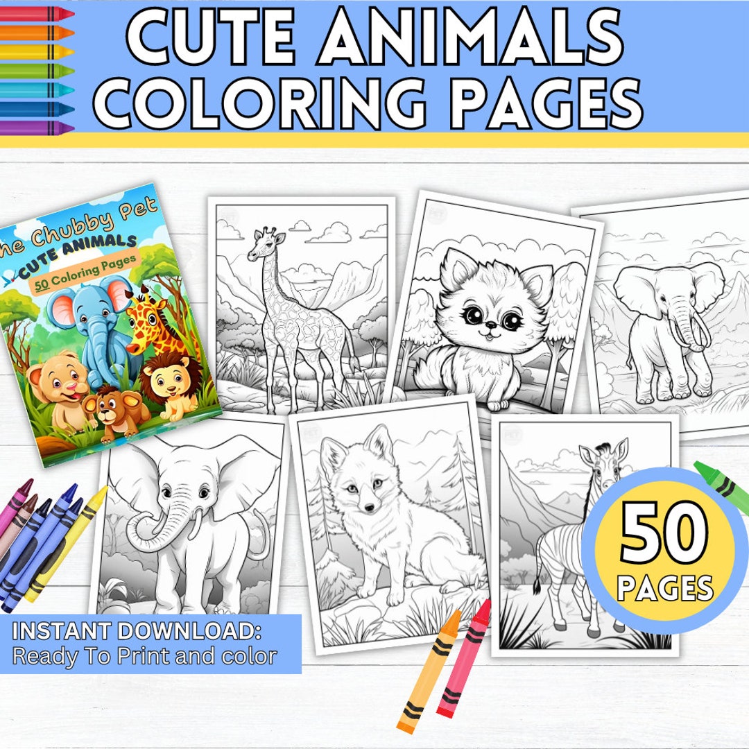 50 Adorable Animal Coloring Sheets: Instant Download Digital Activity ...