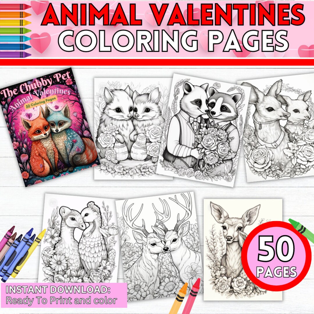 50 Romantic Animal Valentine's Coloring Pages: Digital PDF for Kids ...