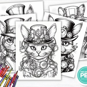 Steampunk Cats Coloring Pages, Printable Adult Coloring Book, Digital ...